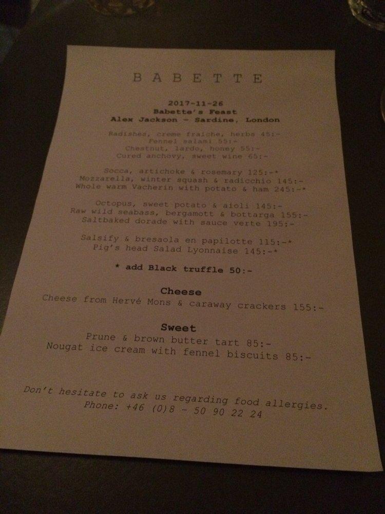 Menu at Babette pub & bar, Stockholm