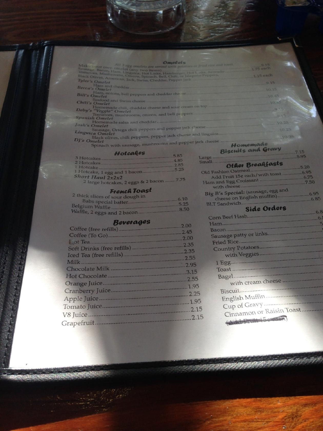 Menu at Bab's Delta Diner restaurant, Suisun City