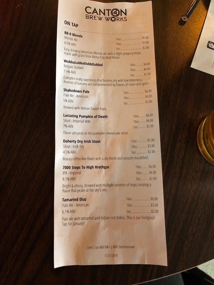 Menu at Canton Brew Works pub & bar, Canton