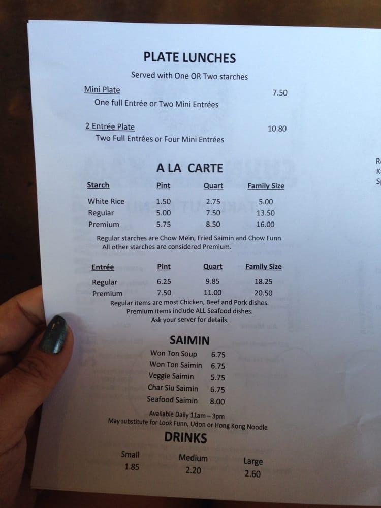 Menu at Chun Wah Kam Noodle Factory restaurant, Kapolei