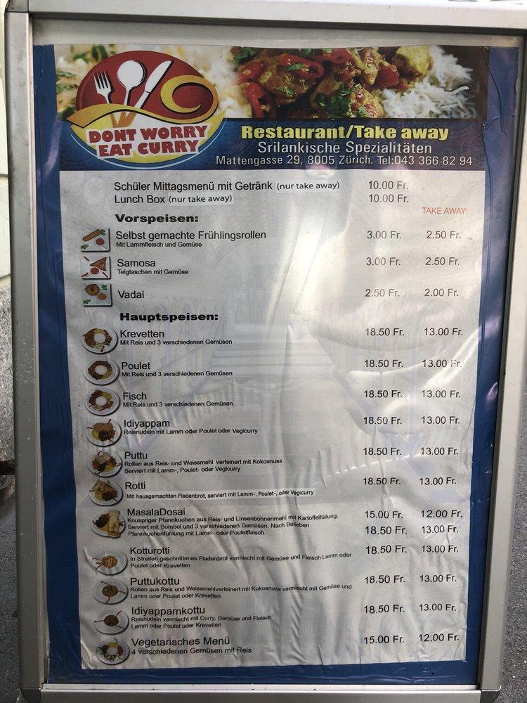 Menu at Don't Worry Eat Curry, Zürich