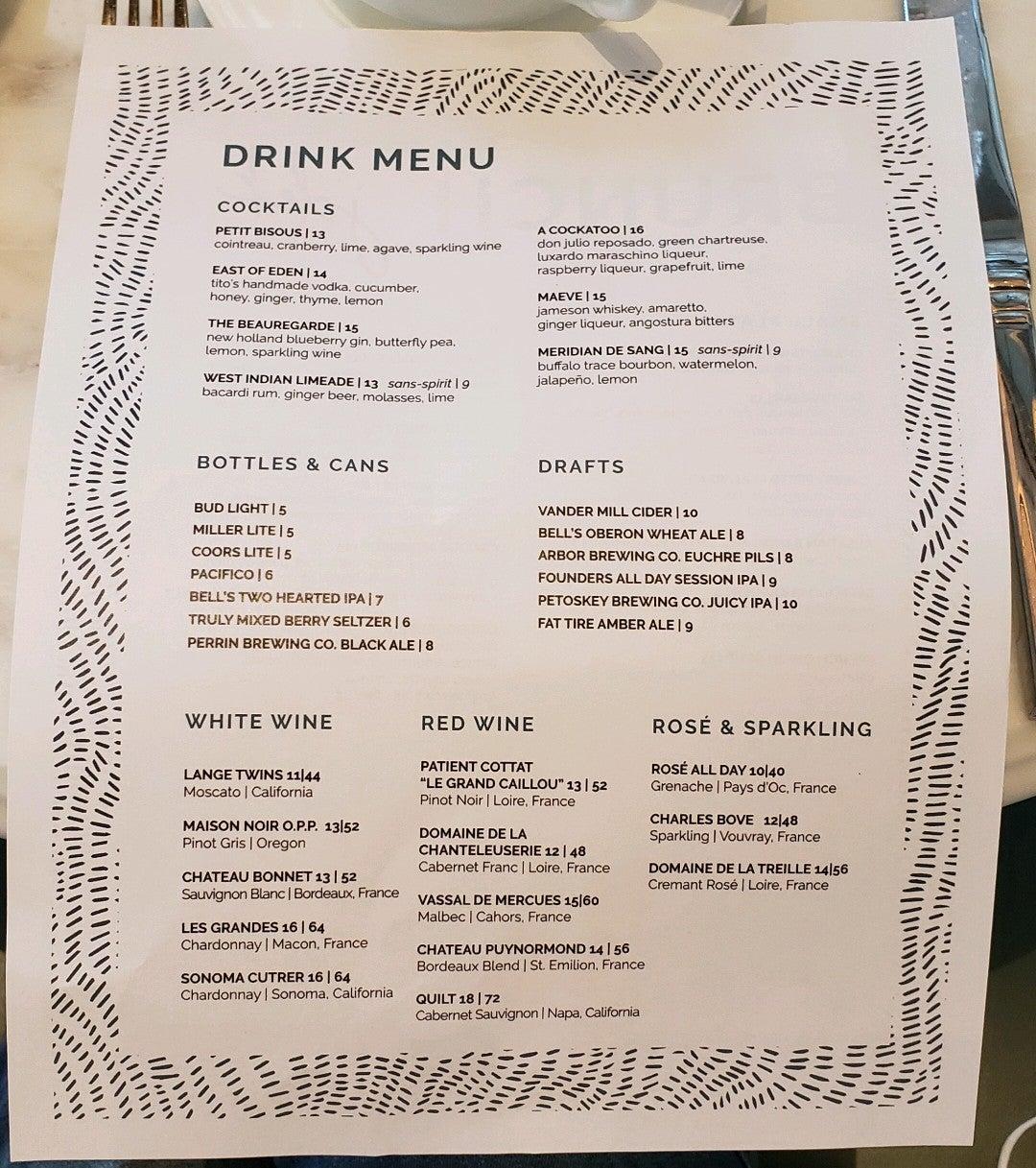 Menu at Margaux restaurant, Grand Rapids