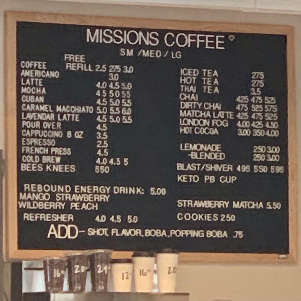 Menu at Missions Coffee cafe, Auburn