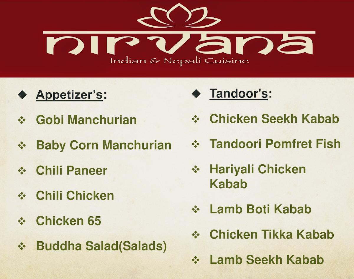 Carta del restaurante Nirvana Indian & Nepali Cuisine, Bainbridge Island