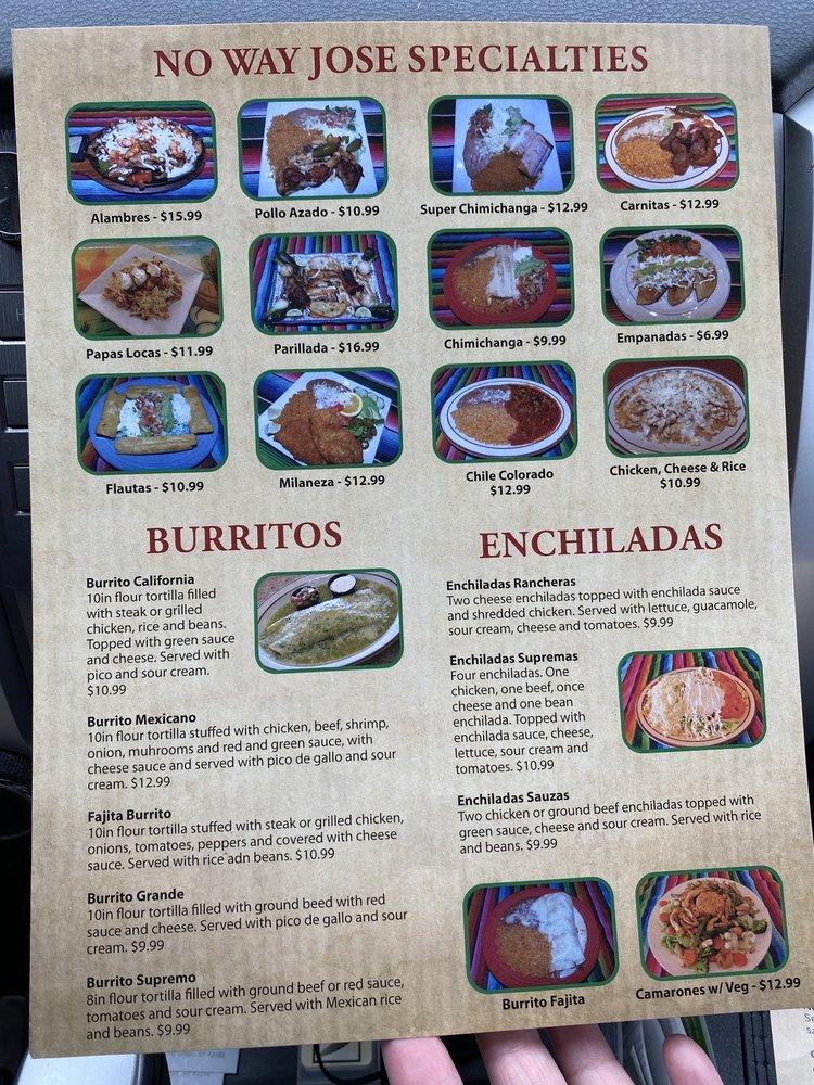 Menu at No Way Jose #1 Taqueria restaurant, Cadiz