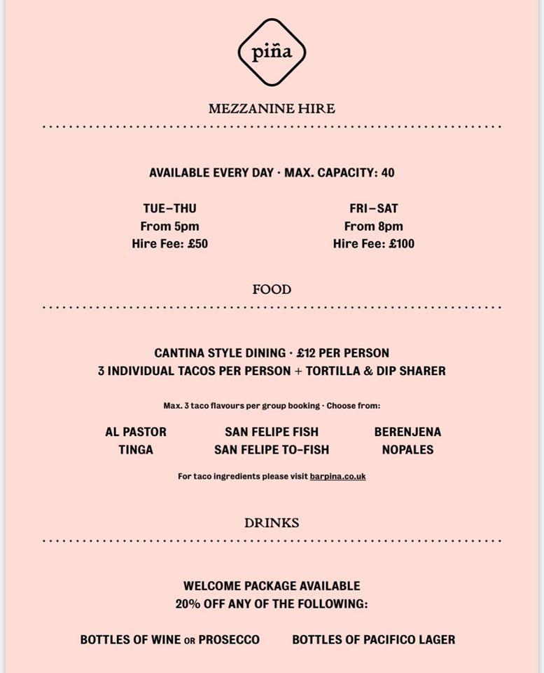 Menu at piña pub & bar, Sheffield