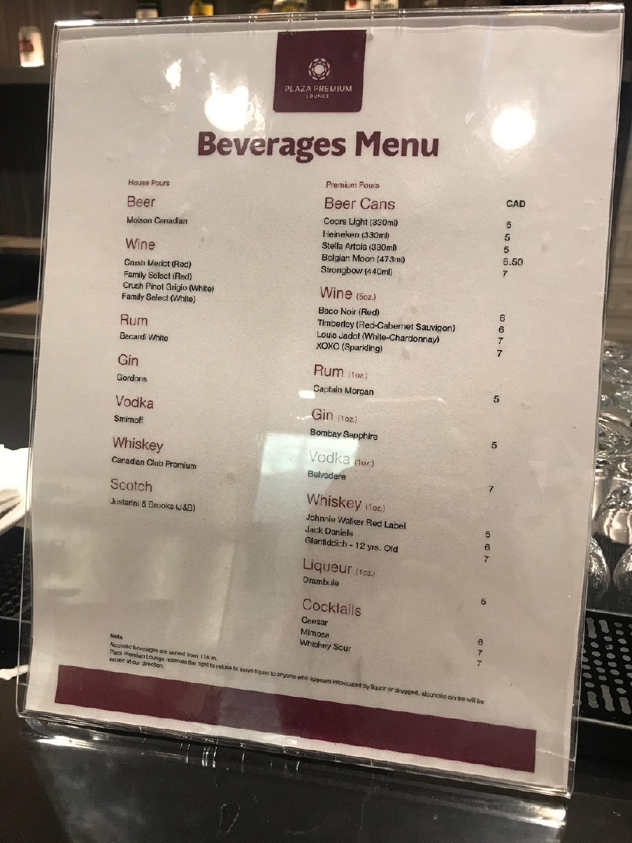 Menu at Plaza Premium Lounge (US Transborder), Mississauga, Terminal 1