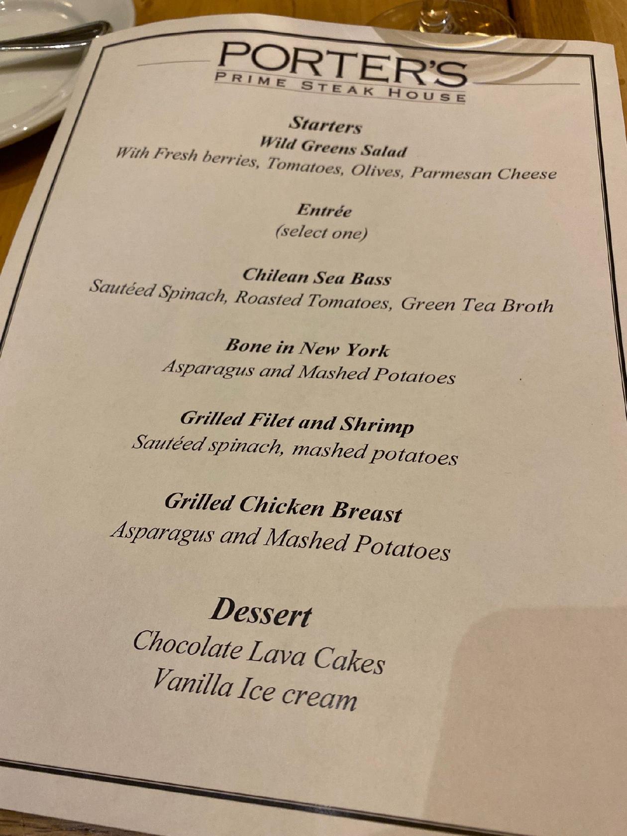 Menu at Porter's Prime Steakhouse, Ontario