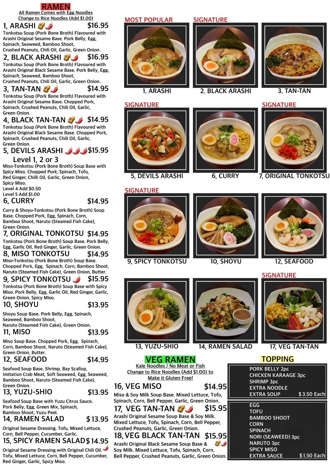 Menu at Ramen Arashi Banff restaurant, Banff
