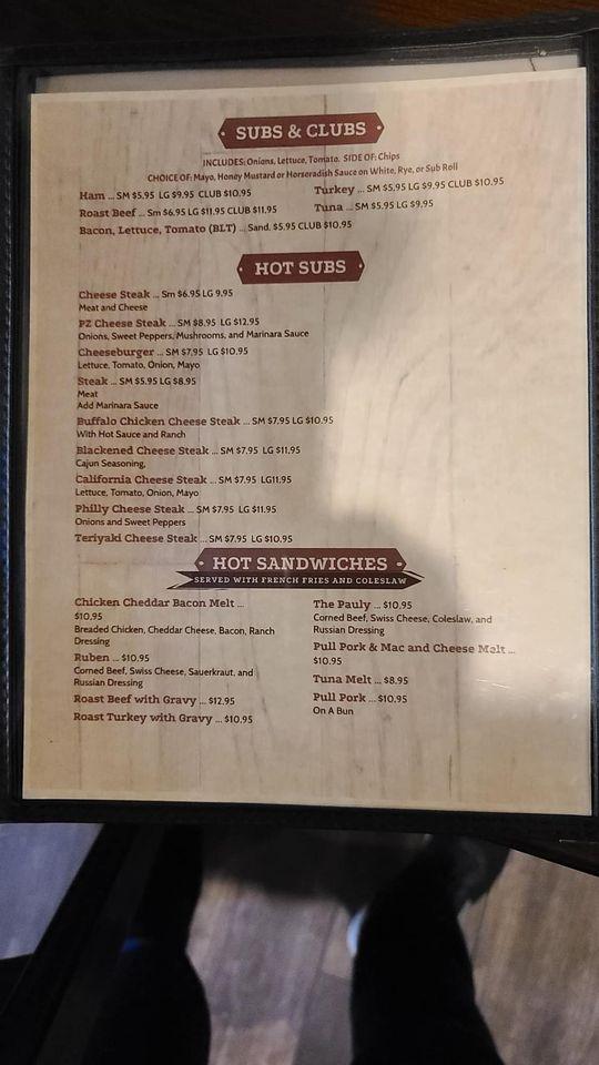Menu at The Stadium restaurant, Pottsville