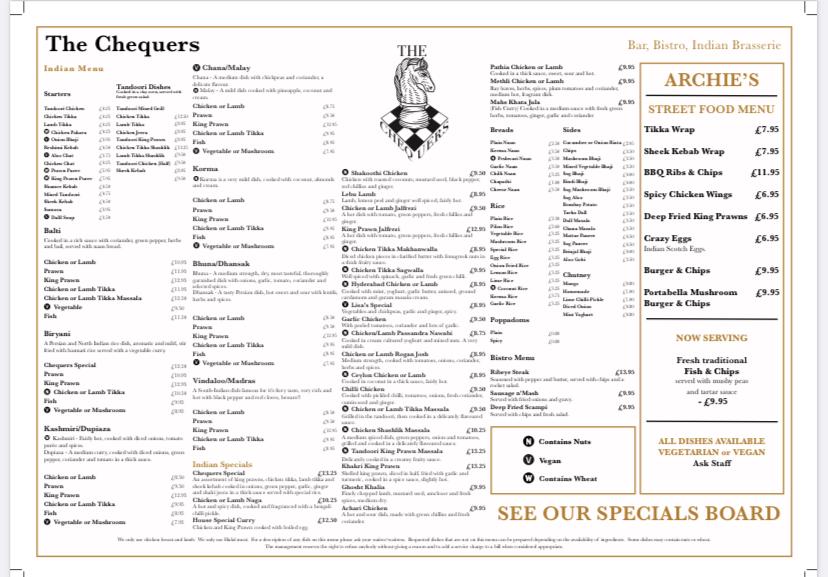 Menu at The Chequers restaurant, Isleham, 58-62 Carter St