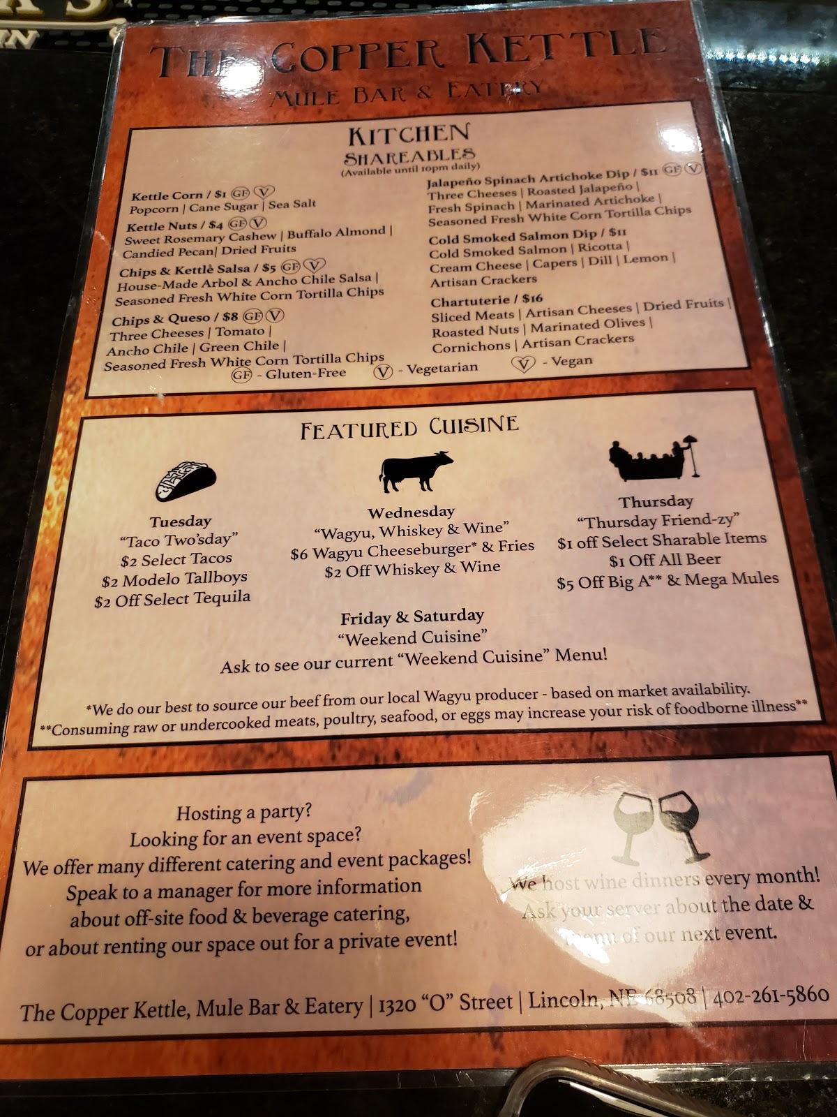Menu at The Copper Kettle Mule Bar and Eatery, Lincoln, 230 N 12th St ...