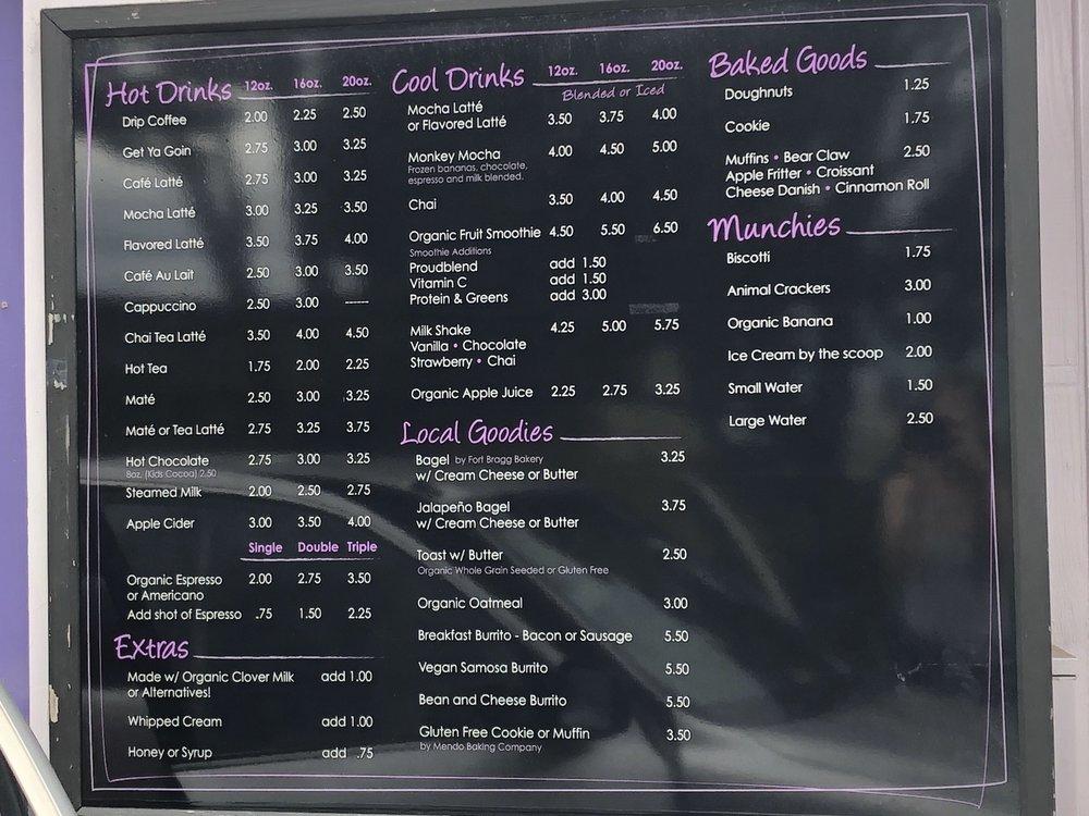 Menu at A Frame Expresso cafe, Fort Bragg
