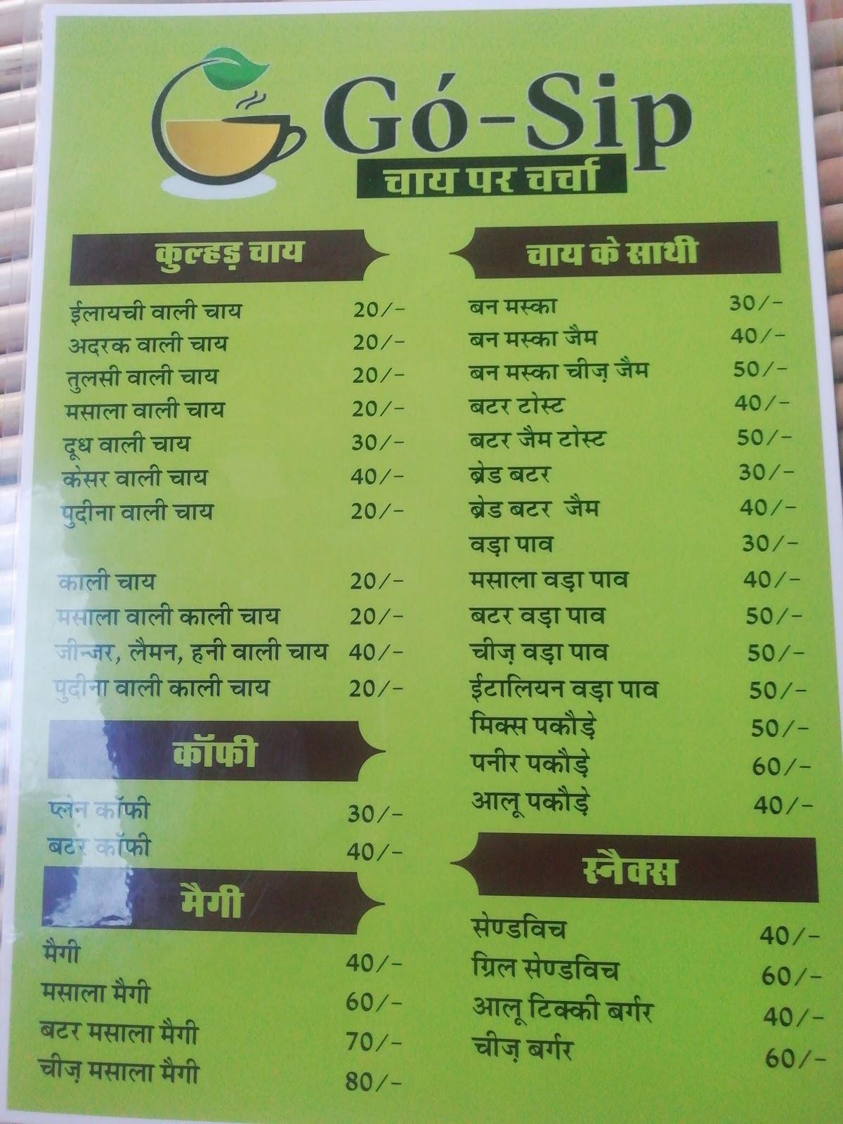 Menu at Cafe Go-sip, Jaipur
