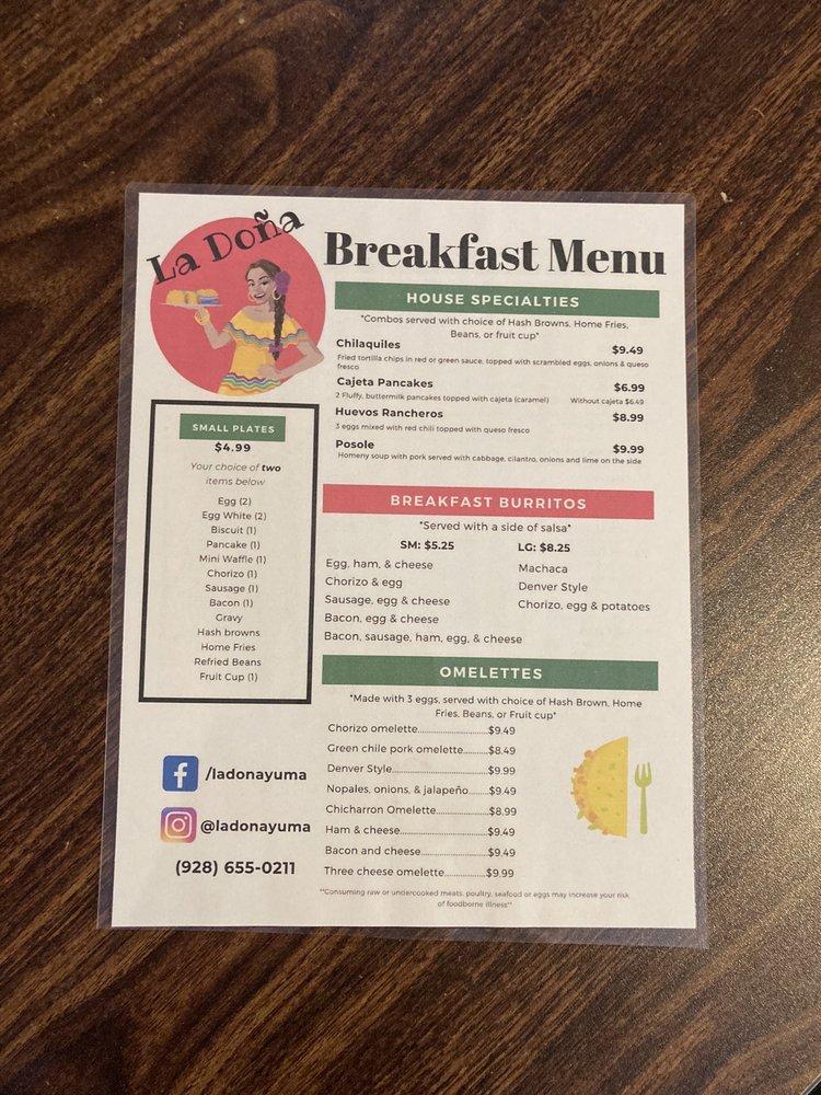 Menu at La Doña restaurant, Yuma