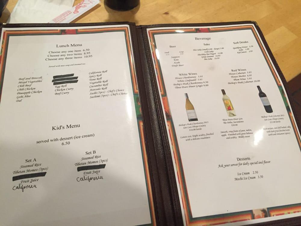 Menu at Mandala Restaurant - Tibetan, Japanese and Indian, Ojai
