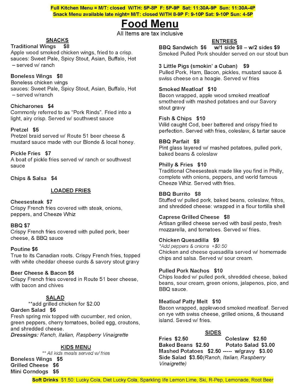 Menu at Route 51 Brewing Company and Banquet Center pub & bar, USA