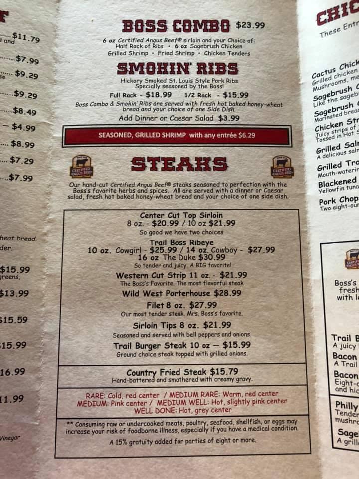 Menu at Trail Boss Steakhouse, Natchitoches