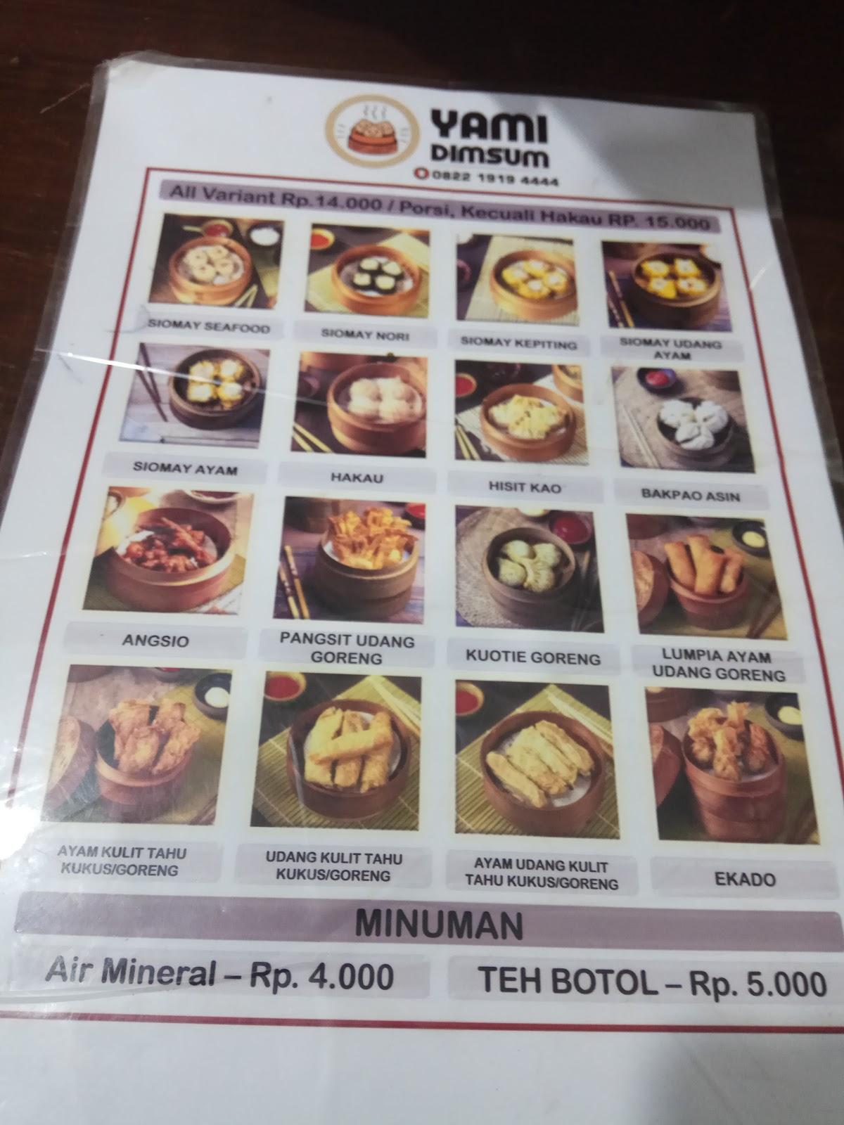 Menu at YAMI DIMSUM restaurant, Bandung