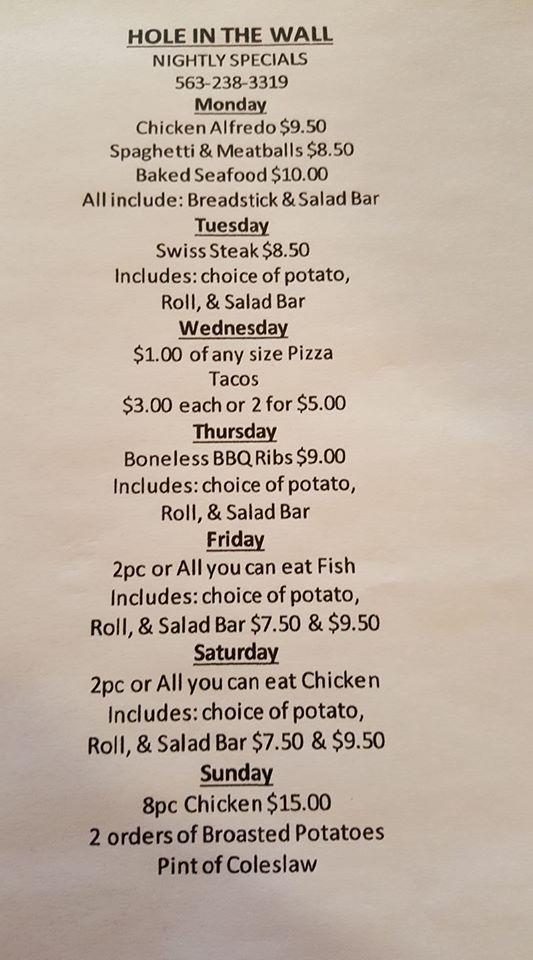 Menu at Hole In the Wall pub & bar, Lawler