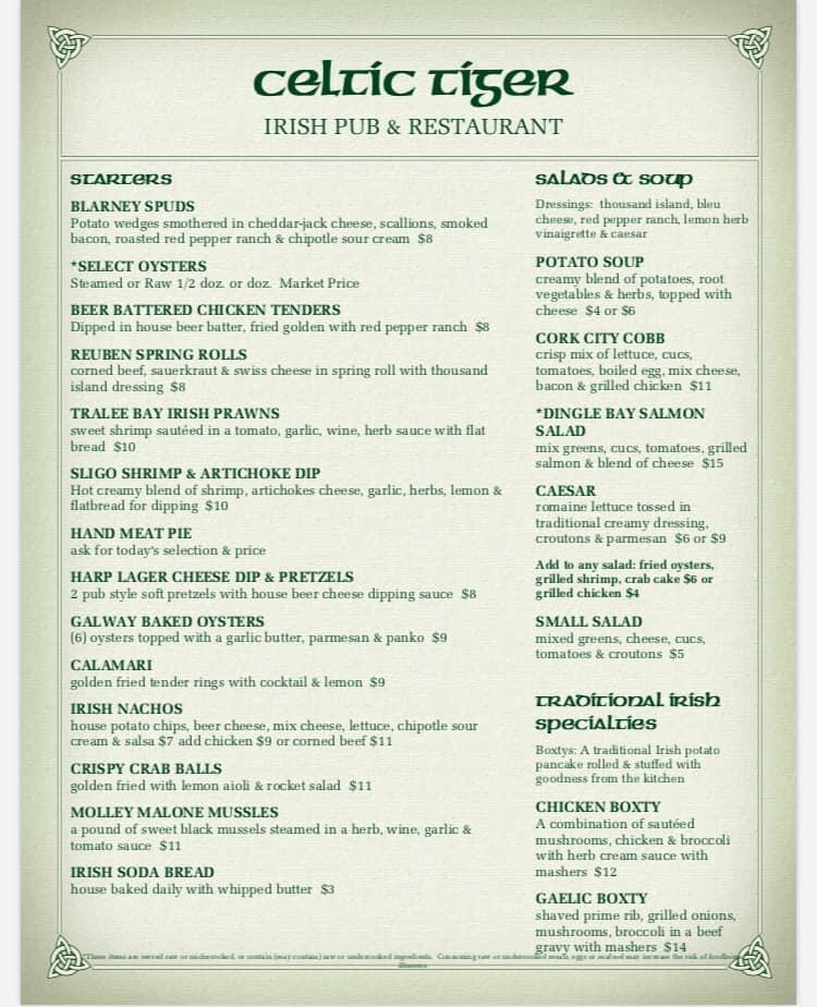 Menu at CELTIC TIGER pub & bar, Chesapeake