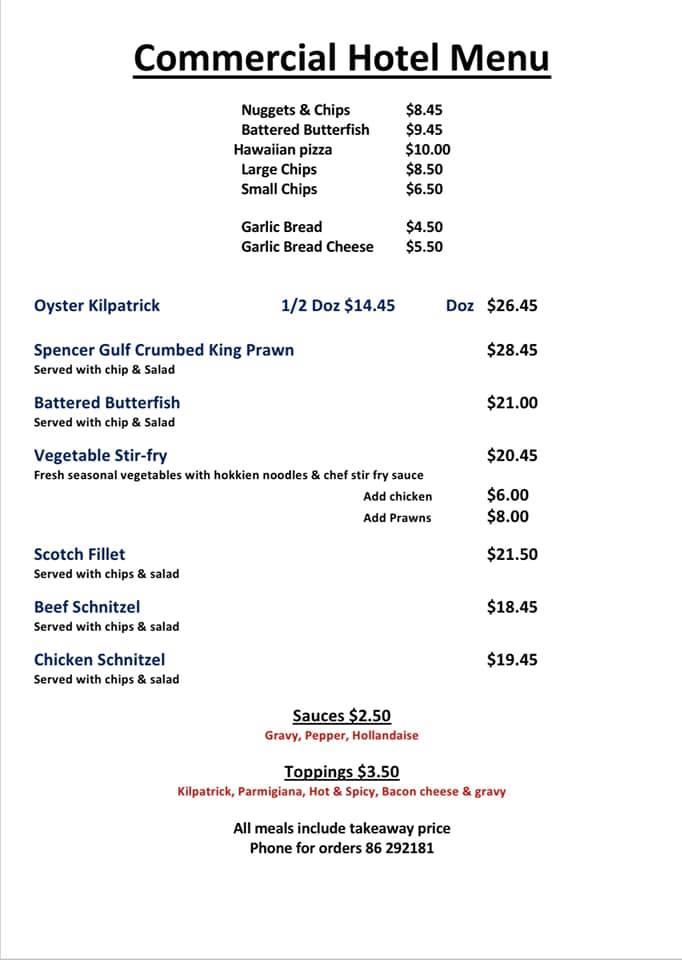 Menu at Commercial Hotel restaurant, Cowell