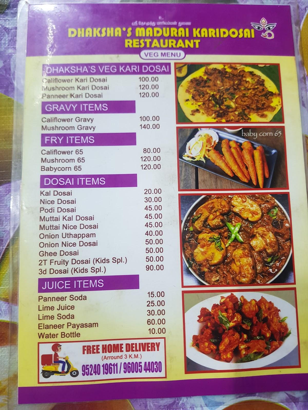 Menu at Dhakshas Madurai Kari Dosai Restaurant, Chennai