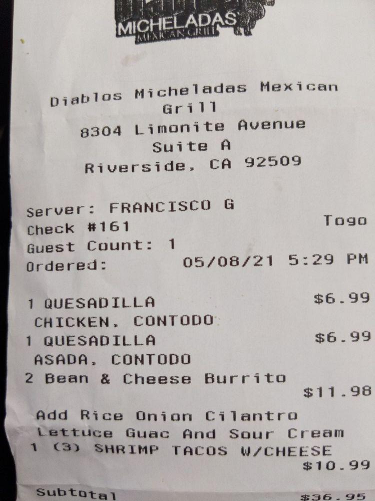 Menu at Diablos Micheladas Mexican Grill restaurant, Jurupa Valley