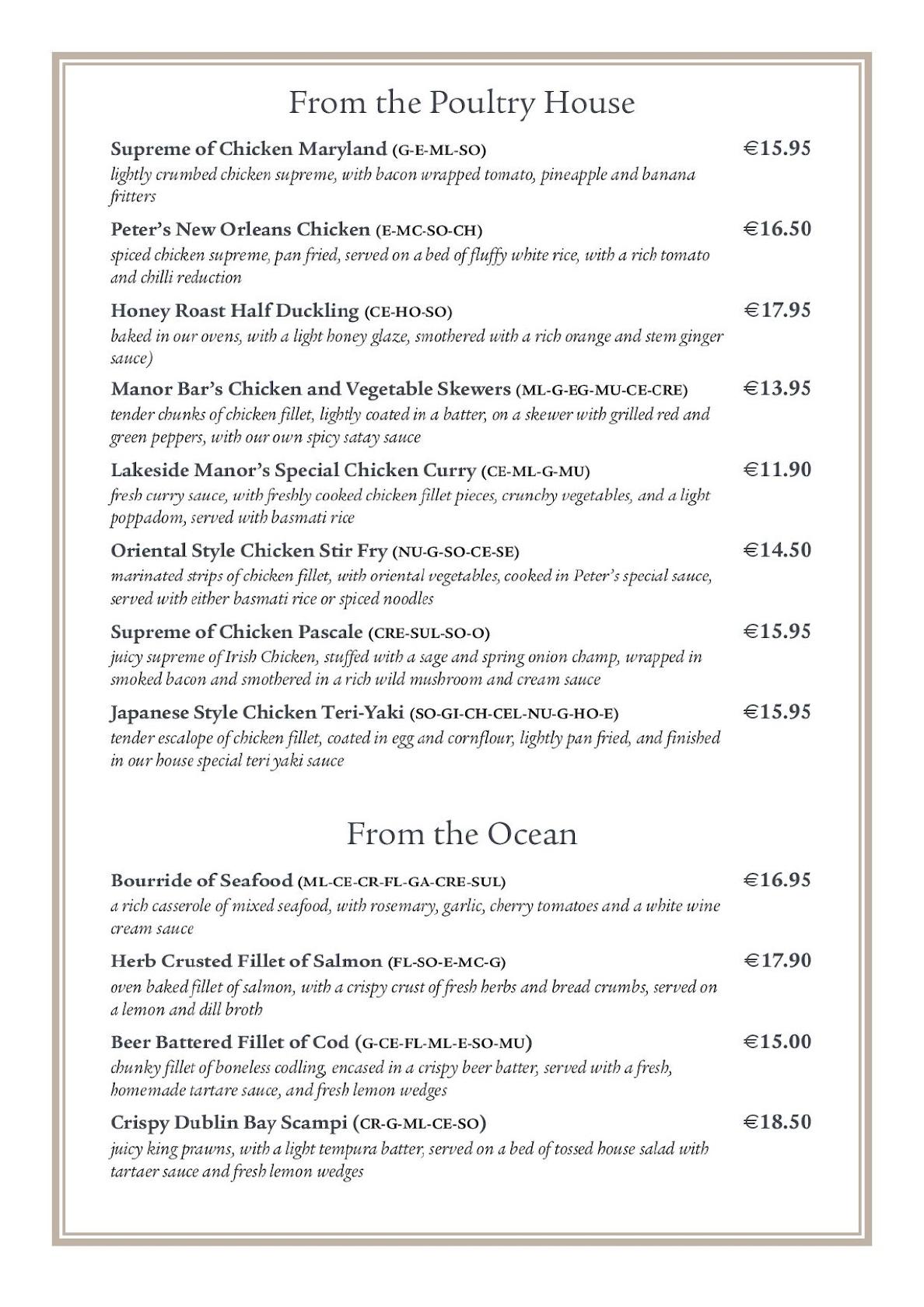 Menu at The Lakeside Manor pub & bar, Ireland