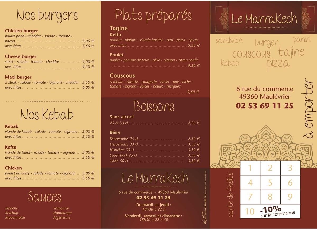 Menu at Le Marrakech restaurant, Maulévrier