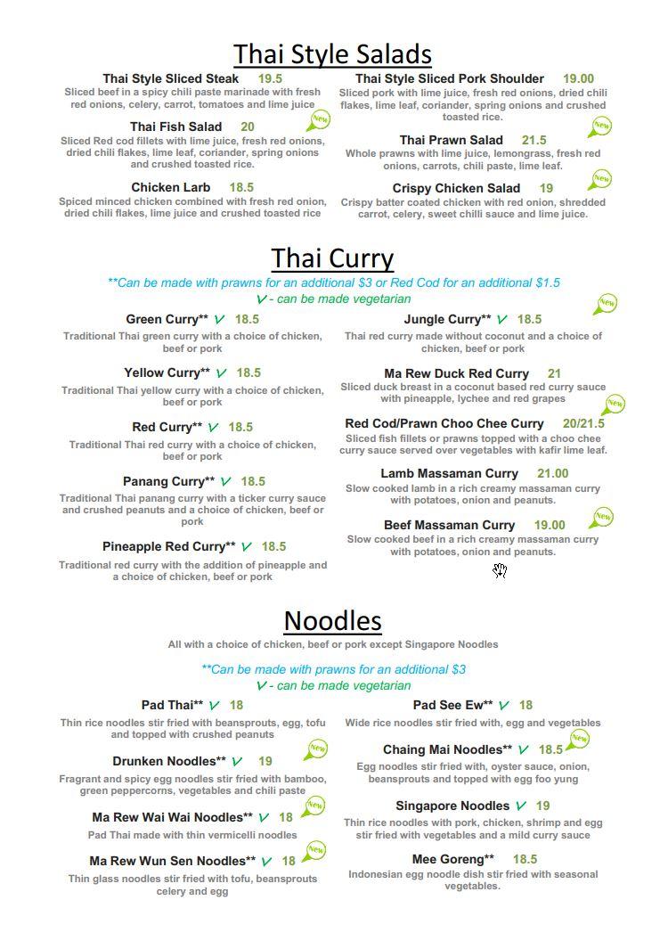 Menu at Ma Rew Thai Cuisine restaurant, Auckland