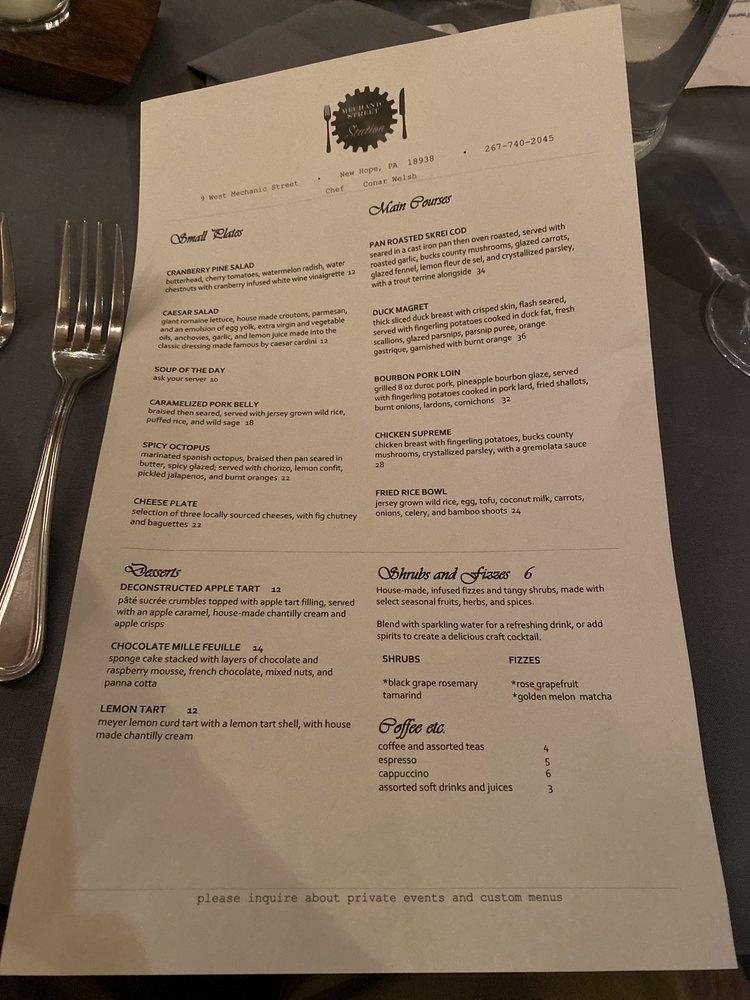 Menu at Mechanic Street Station restaurant, New Hope