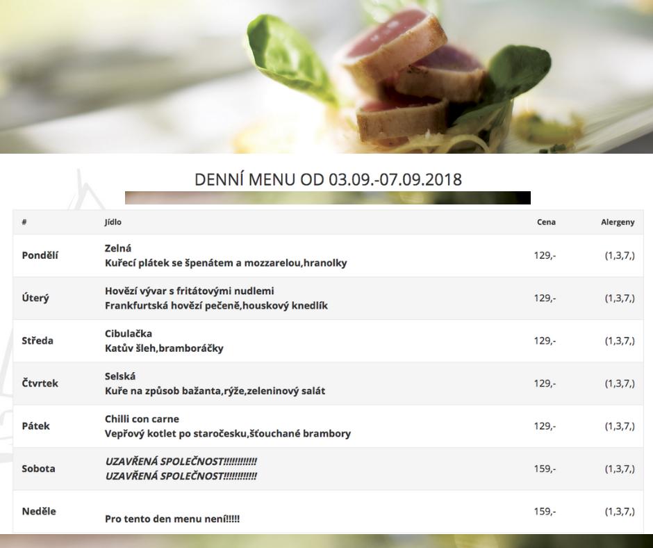 Menu at Restaurace Loděnice restaurant, Lipno nad Vltavou