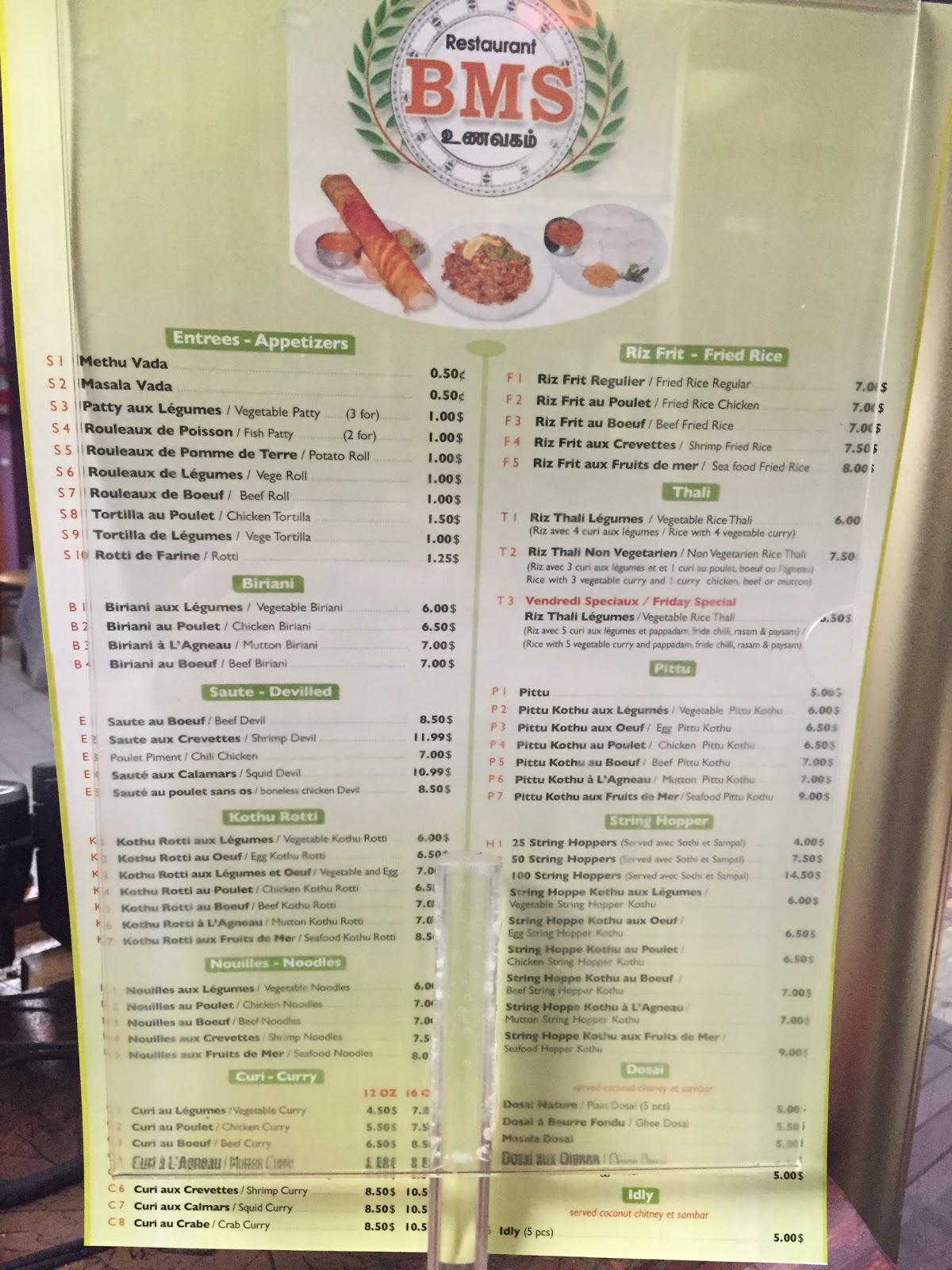 Menu at Restaurant BMS, Kirkland
