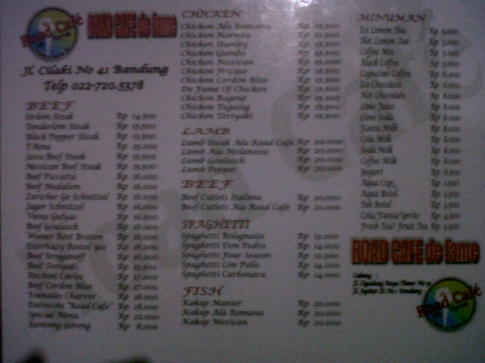 Menu at Road Cafe, Bandung, Cilaki St No.41