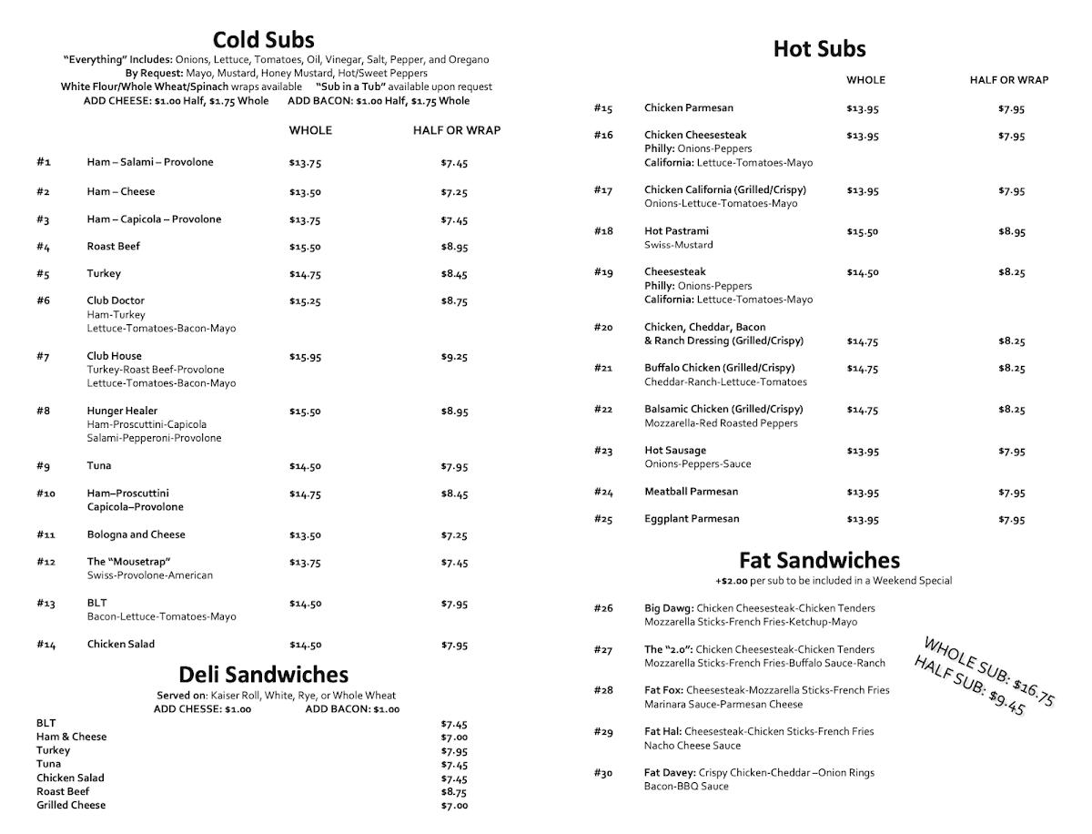 Menu at Sub Doctors restaurant, Toms River