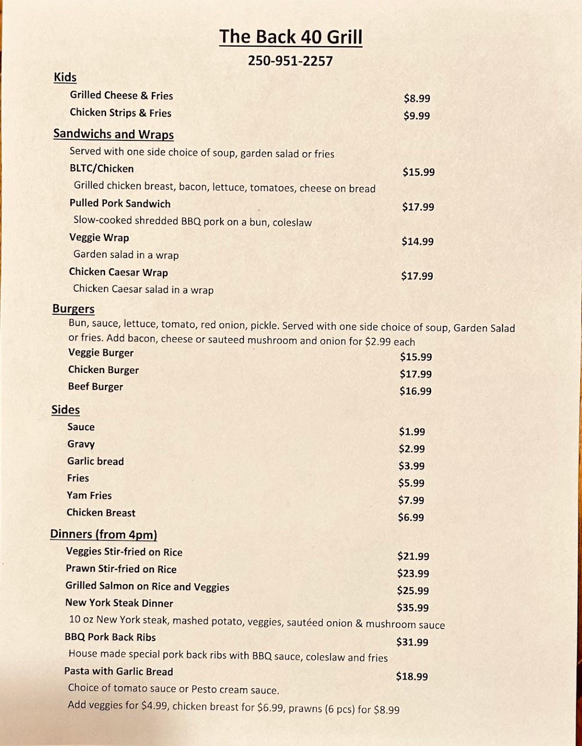 Menu at The Back40 Grill restaurant, Parksville