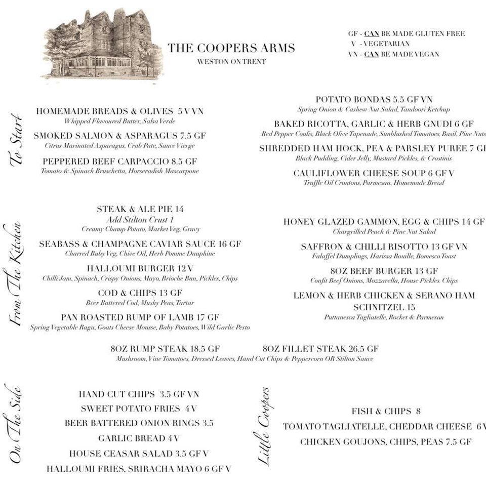 Menu at The Coopers Arms pub & bar, Derby