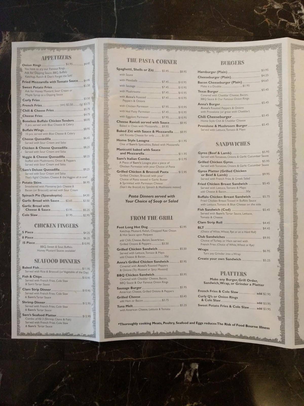Menu at Uncle Sam's Restaurant, Bristol