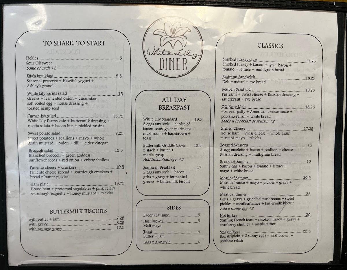 Menu at White Lily Diner restaurant, Toronto