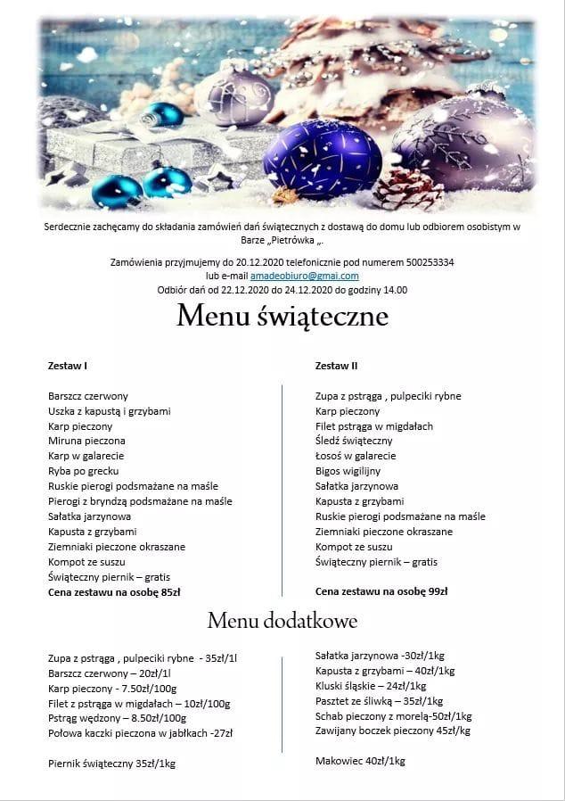 Menu at Amadeo restaurant, Wisła, 1 Maja 61