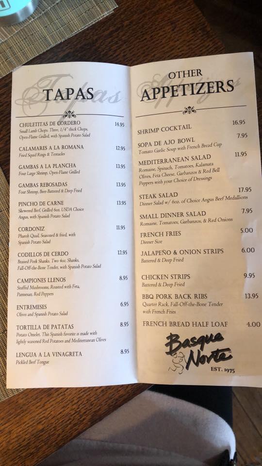 Menu at Basque Norte steakhouse, Chico
