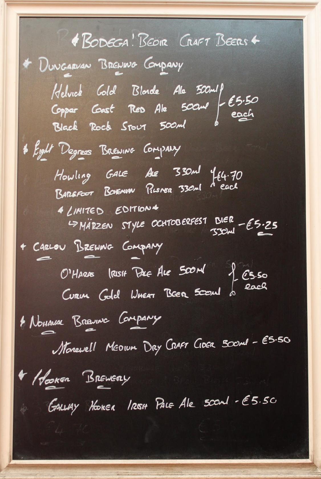 Menu at Bodega restaurant, Waterford