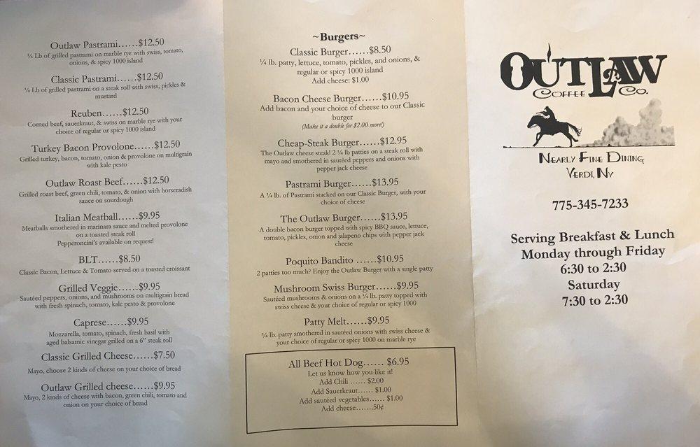 Menu at Outlaw Coffee Company cafe, Verdi, Old highway 40 East