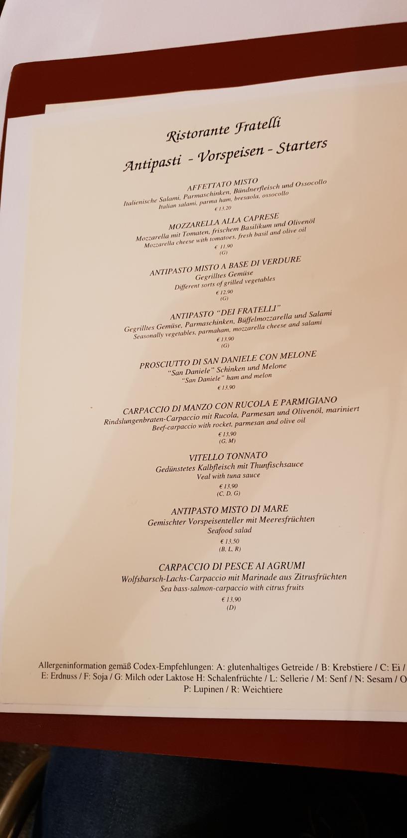 Menu at Ristorante Rossini pizzeria, Vienna