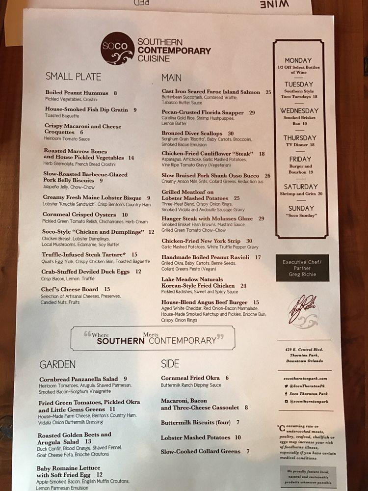 Menu at Soco Restaurant, Orlando