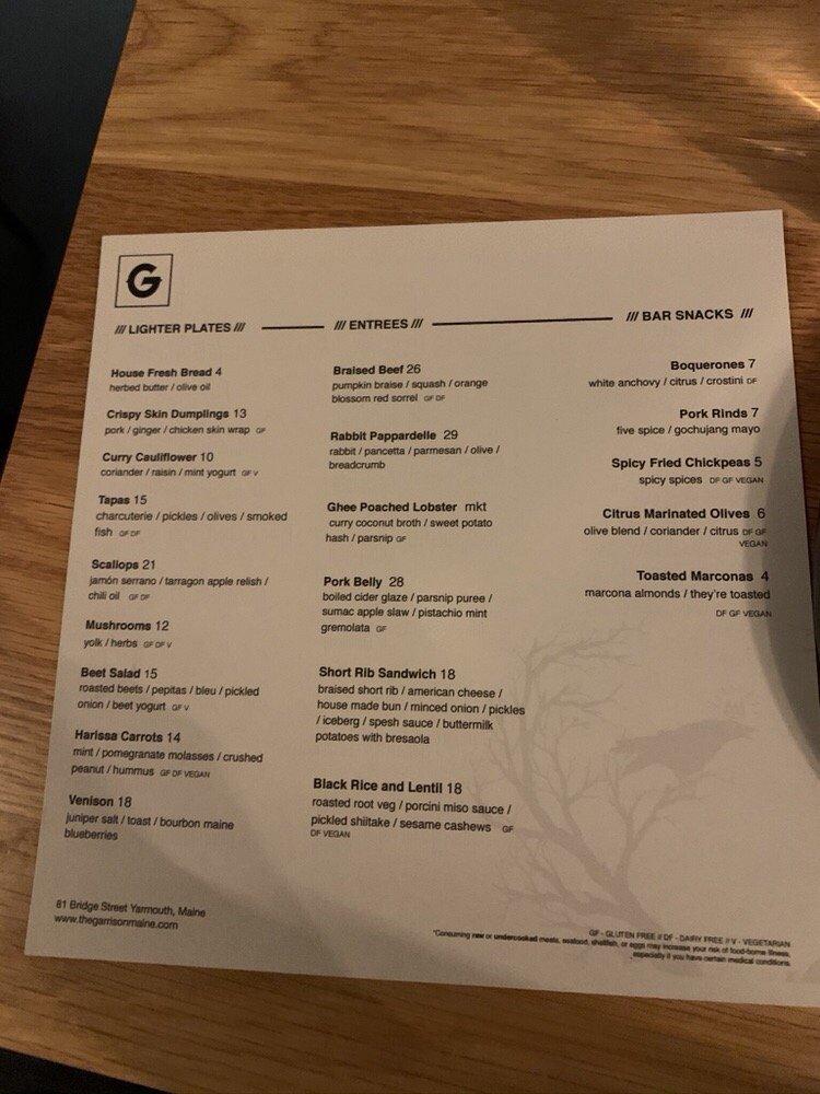 Menu at The Garrison restaurant, Yarmouth
