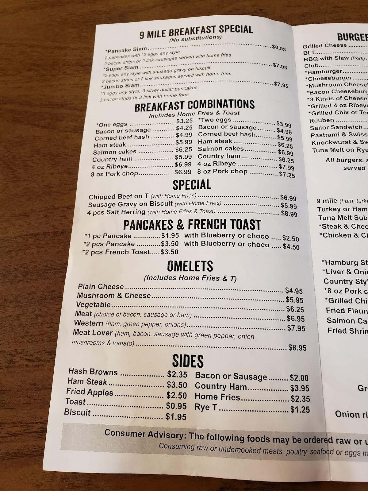 Menu at 9 Mile Grill restaurant, Highland Springs, 309 W Nine Mile Rd