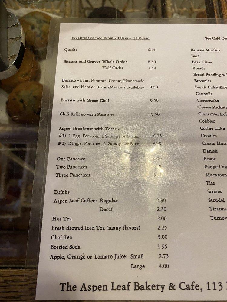 Menu at Aspen Leaf Bakery And Cafe, Florence