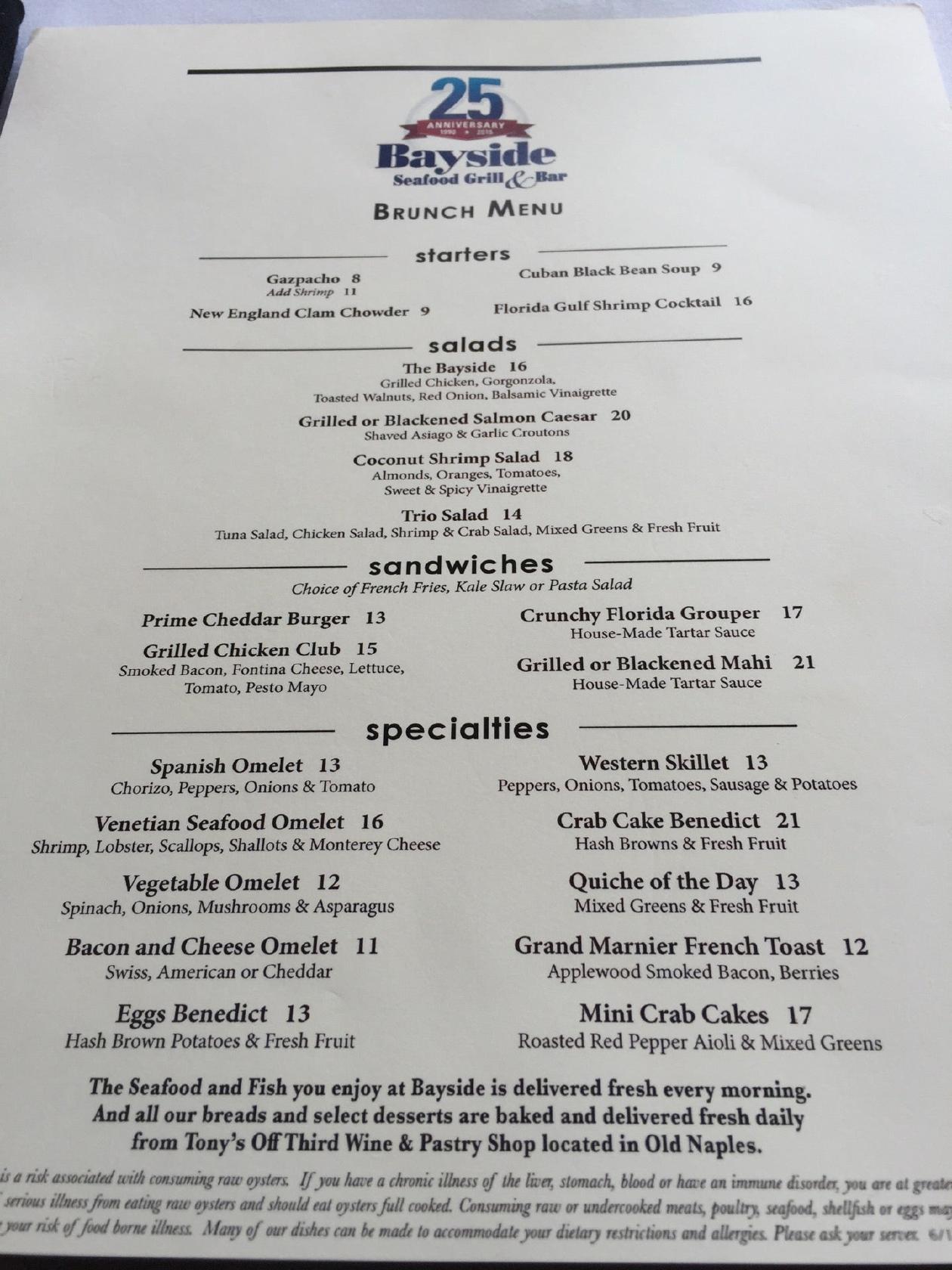 Menu at Bayside Seafood Grill & Bar, Naples